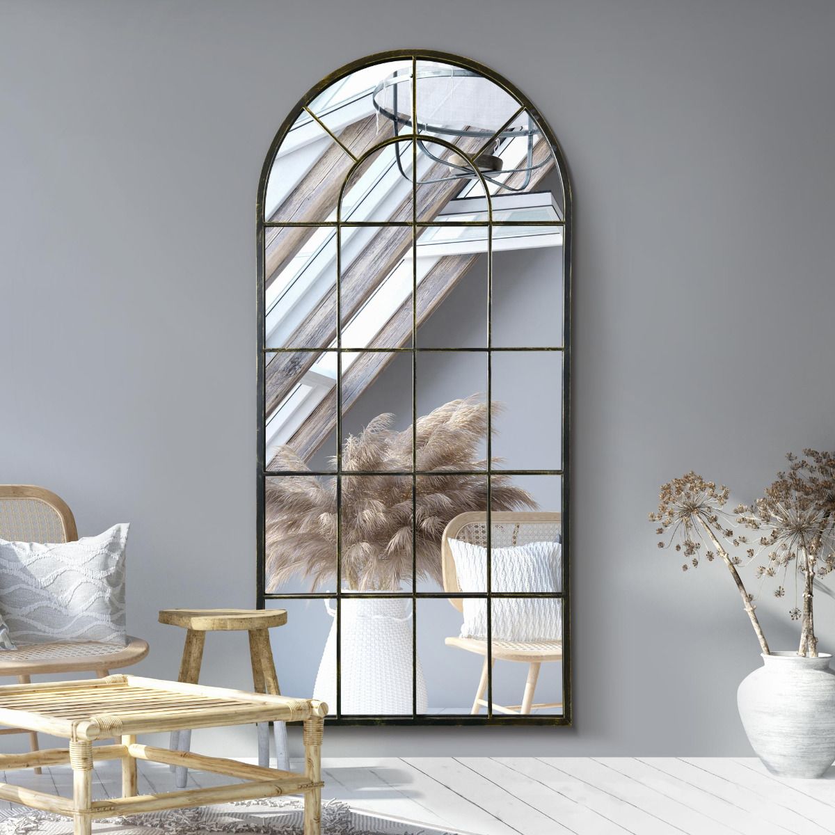 The Arcus Antique Black Framed Arched Window Leaner Wall Mirror 71 X 33.5 180x85CM